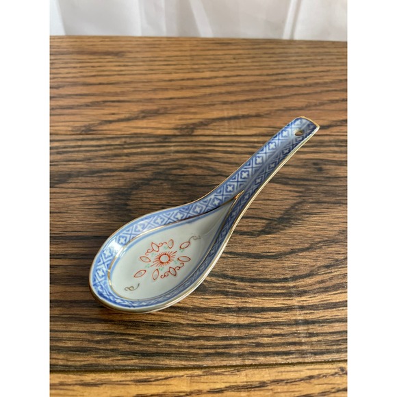 Dining | Vintage Chinese Rice Pattern Porcelain Soup Spoon Blue And ...